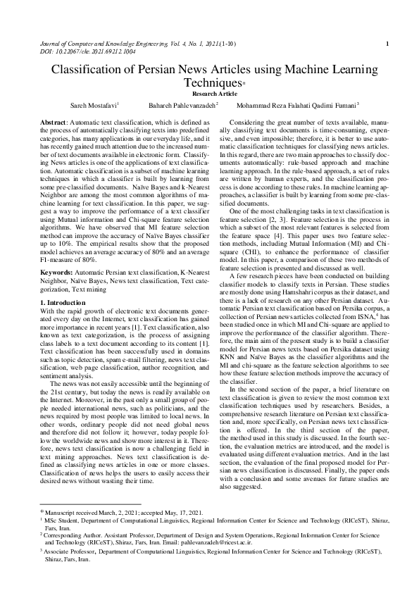 (PDF) Classification of Persian News Articles using Machine Learning Techniques