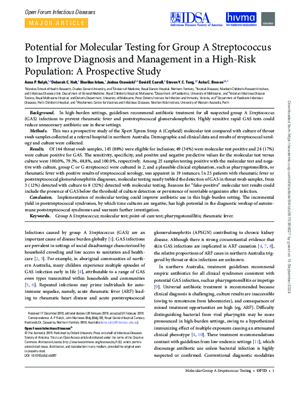 (PDF) Molecular Testing Improves GAS Diagnosis in High-Risk Groups