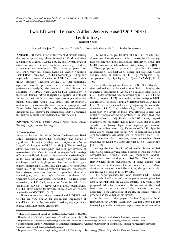 (PDF) Two Efficient Ternary Adder Designs Based On CNFET Technology