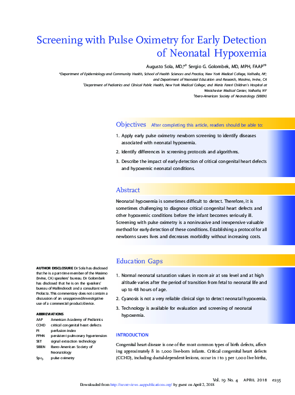 (PDF) Screening with Pulse Oximetry for Early Detection of Neonatal ...