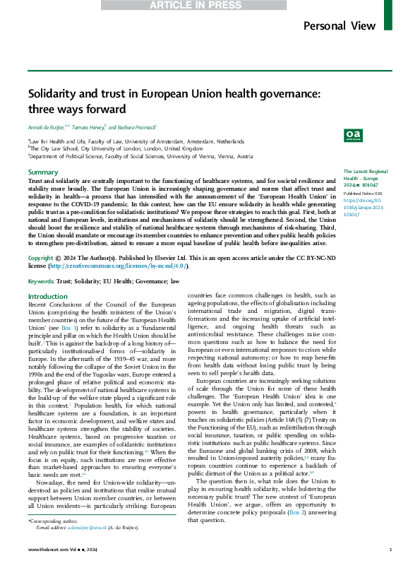 (PDF) Solidarity and trust in European Union health governance: three ...