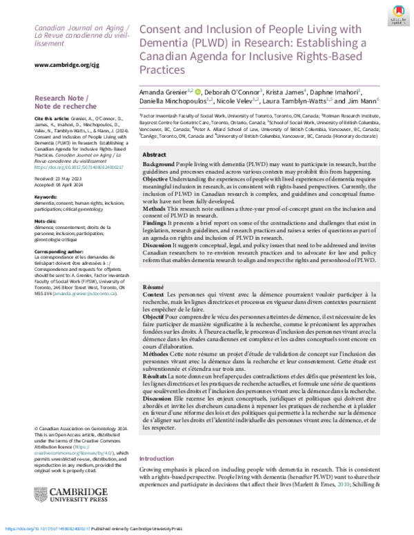 (PDF) Consent and Inclusion of People Living with Dementia (PLWD) in ...