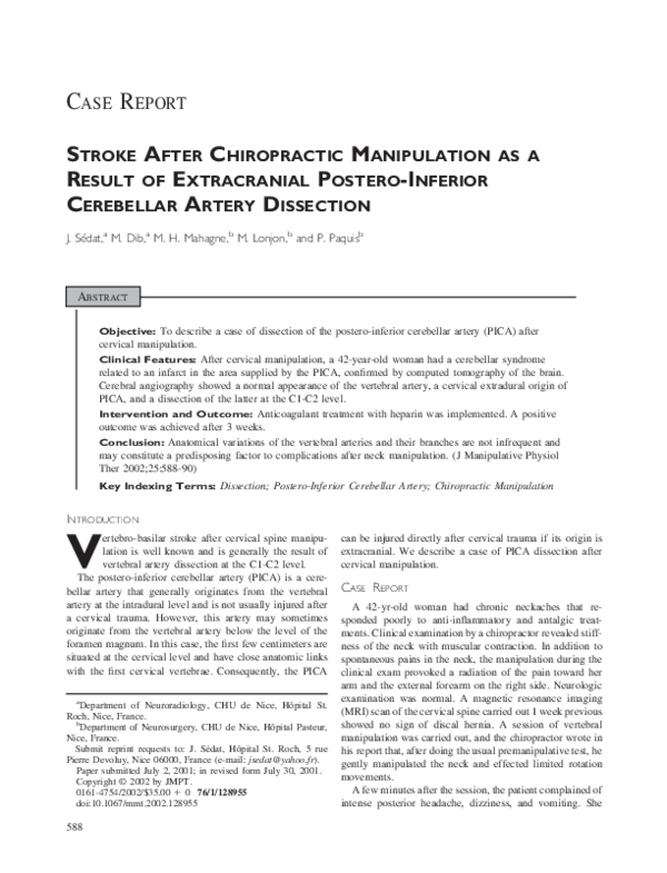 (PDF) Stroke after chiropractic manipulation as a result of extracranial postero-inferior dissection