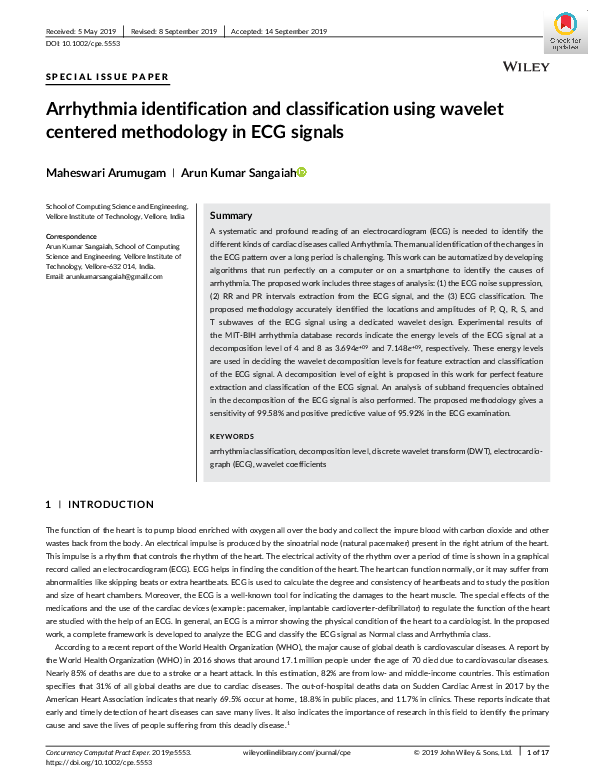 Pdf Arrhythmia Identification And Classification Using Wavelet Centered Methodology In Ecg Signals