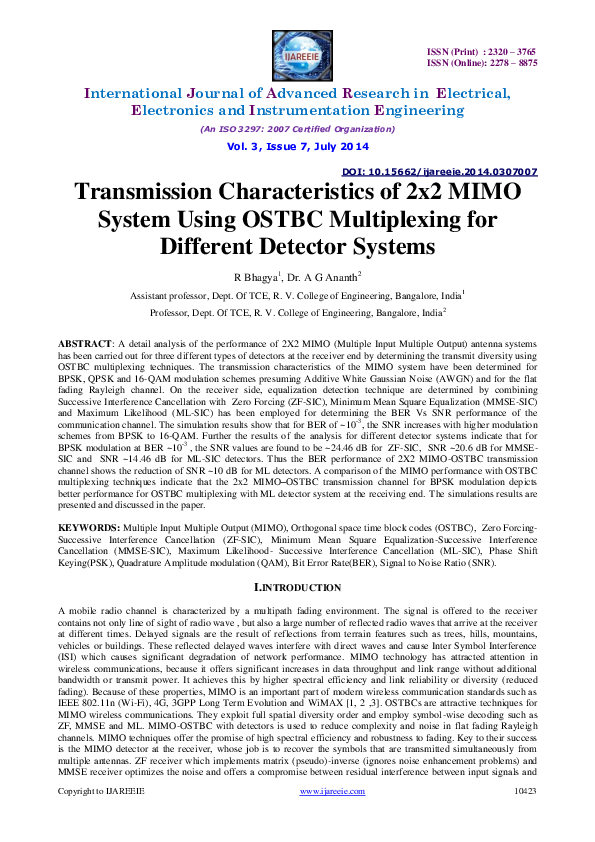 (PDF) Transmission Characteristics of 2x2 MIMO System Using OSTBC Multiplexing for Different ...