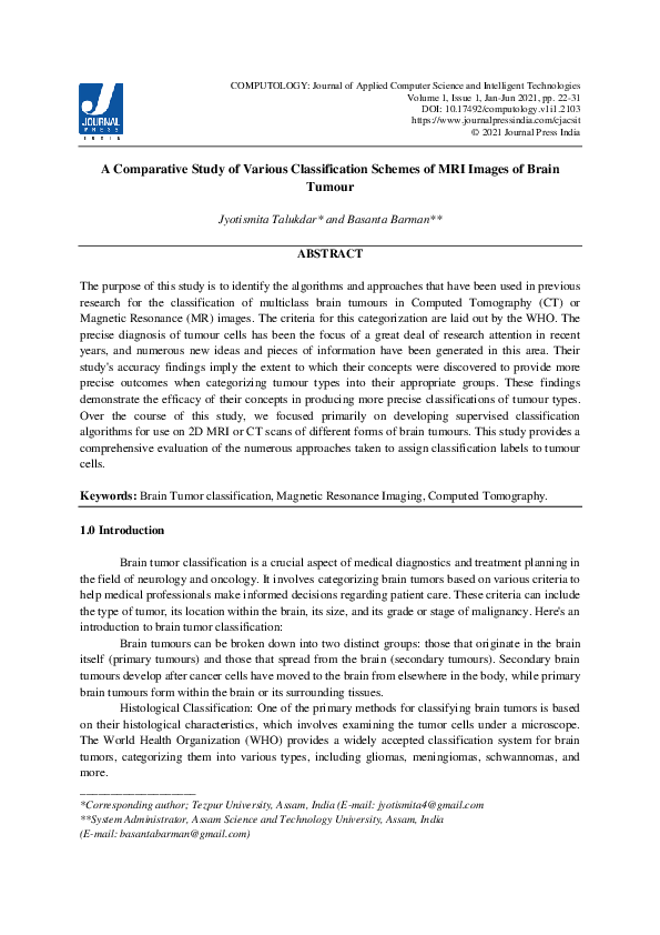 (PDF) A Comparative Study of Various Classification Schemes of MRI ...