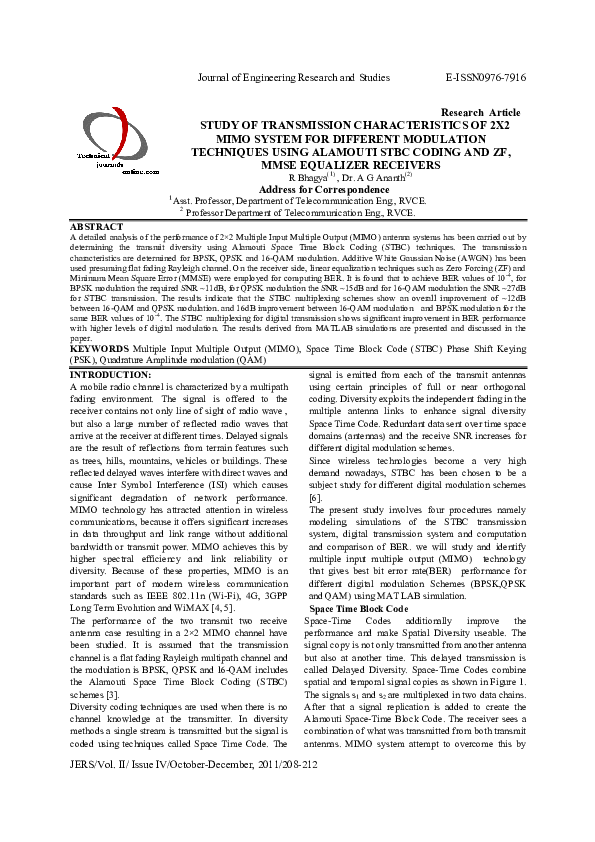 (PDF) STUDY OF TRANSMISSION CHARACTERISTICS OF 2X2 MIMO SYSTEM FOR ...
