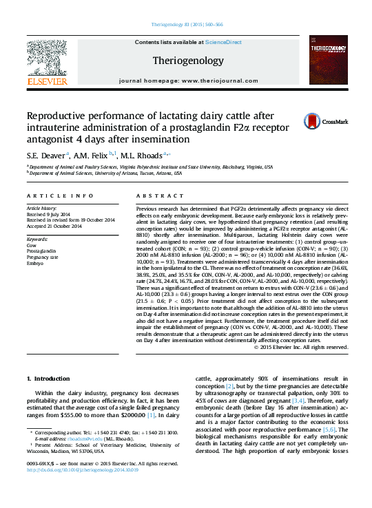 (PDF) Reproductive performance of lactating dairy cows treated with cloprostenol at the time of ...