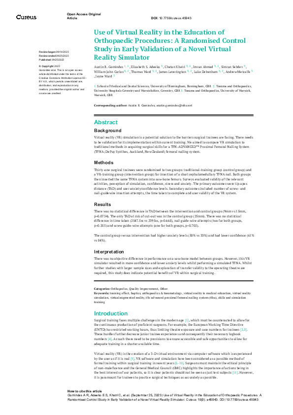 (PDF) Use of Virtual Reality in the Education of Orthopaedic Procedures: A Randomised Control ...