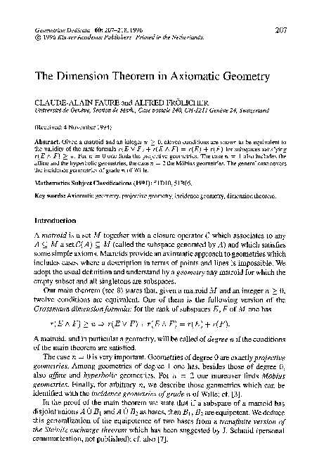 (PDF) The dimension theorem in axiomatic geometry