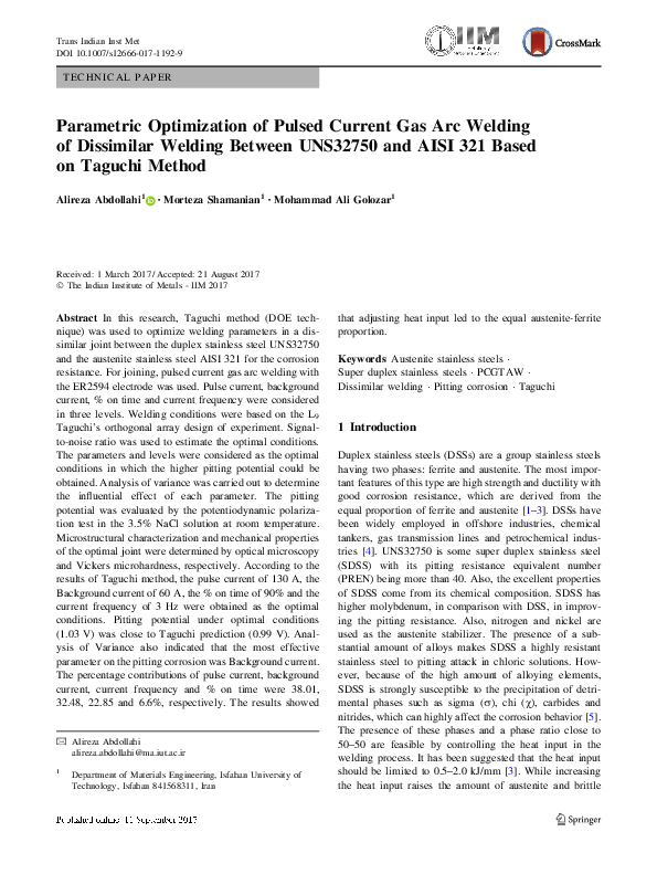 Pdf Parametric Optimization Of Pulsed Current Gas Arc Welding Of Dissimilar Welding Between