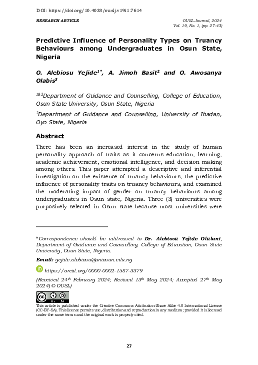 (PDF) Predictive Influence of Personality Types on Truancy Behaviours ...