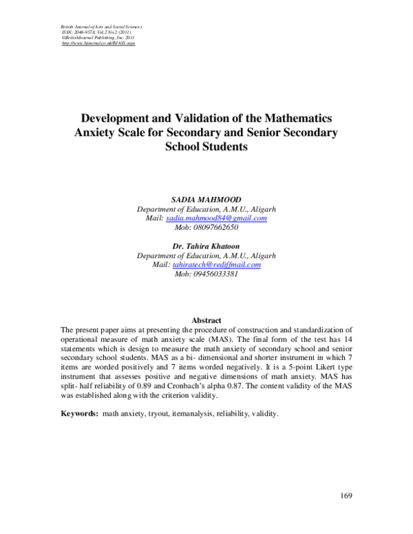 (PDF) Development and Validation of the Mathematics Anxiety Scale for Secondary and Senior ...