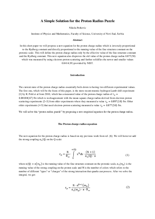 (PDF) A Simple Solution for the Proton Radius Puzzle v2 | Nikola ...