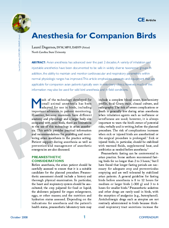 (PDF) Anesthesia for companion birds