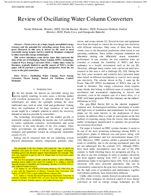 (PDF) Review of Oscillating Water Column Converters