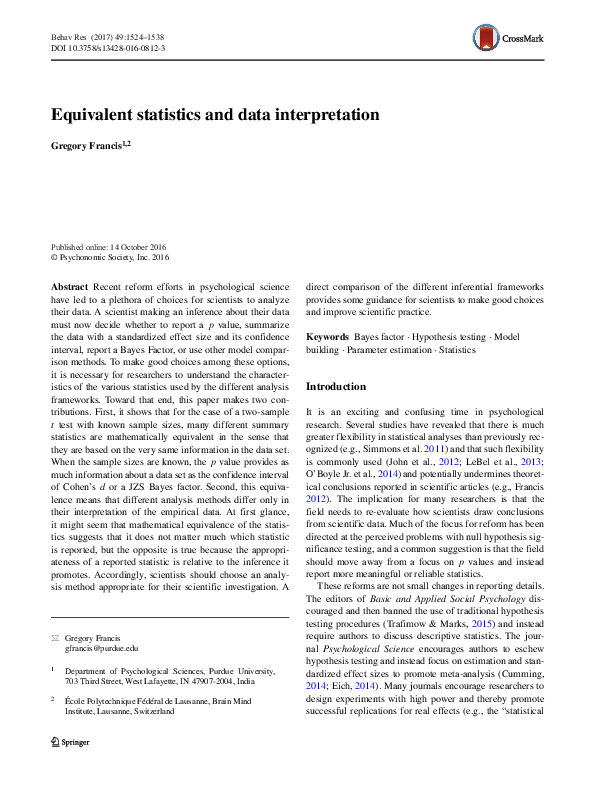 (PDF) Equivalent statistics and data interpretation
