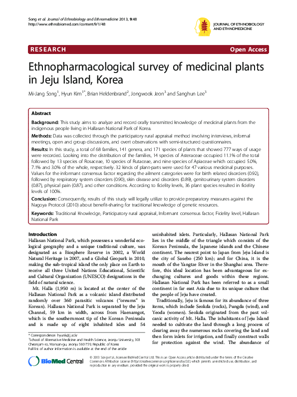 (PDF) Ethnopharmacological survey of medicinal plants in Jeju Island, Korea