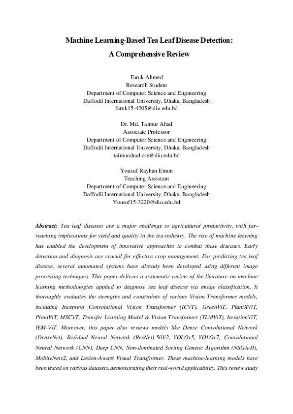 Pdf Machine Learning Based Tea Leaf Disease Detection A Comprehensive Review