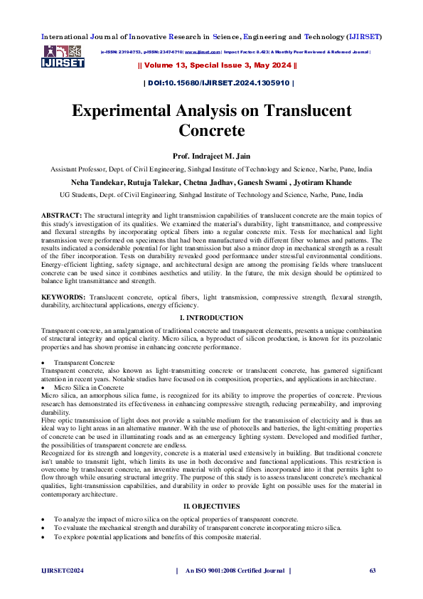 (PDF) Experimental Analysis on Translucent Concrete