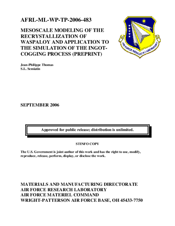 Pdf Mesoscale Modeling Of The Recrystallization Of Waspaloy And Application To The Simulation