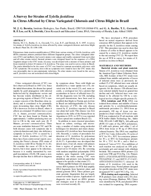 (PDF) A Survey for Strains of Xylella fastidiosa in Citrus Affected by ...