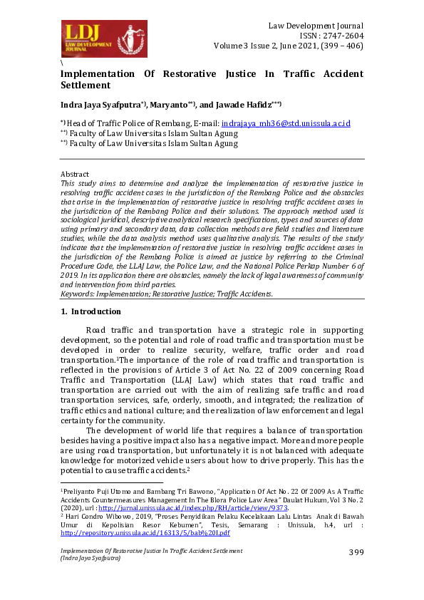 (PDF) Implementation Of Restorative Justice In Traffic Accident Settlement