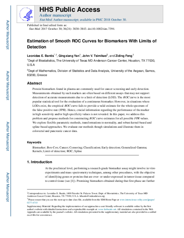(PDF) Estimation of smooth ROC curves for biomarkers with limits of detection