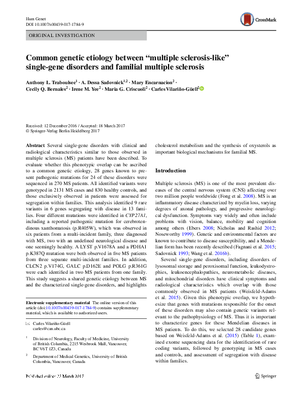 (PDF) Common genetic etiology between "multiple sclerosis-like" single ...