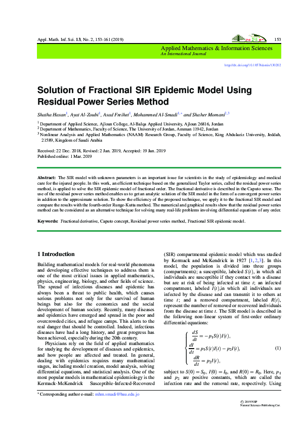 (PDF) Solution of Fractional SIR Epidemic Model Using Residual Power ...