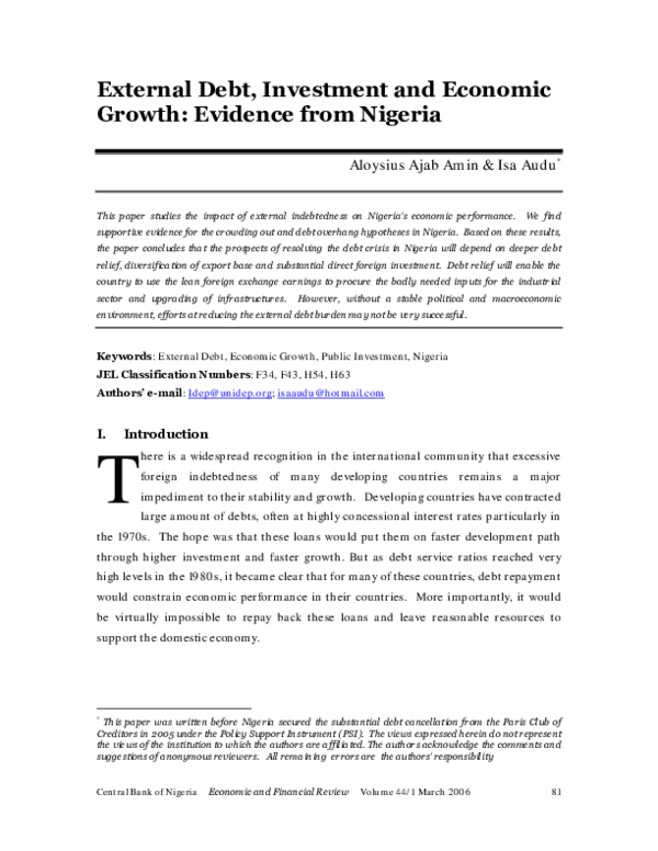 (PDF) External Debt, Investment and Economic Growth: Evidence from Nigeria