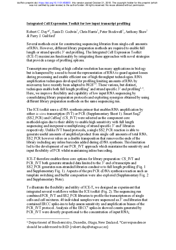 (PDF) Integrated Cell Expression Toolkit for low input transcript profiling | Peter Stockwell ...