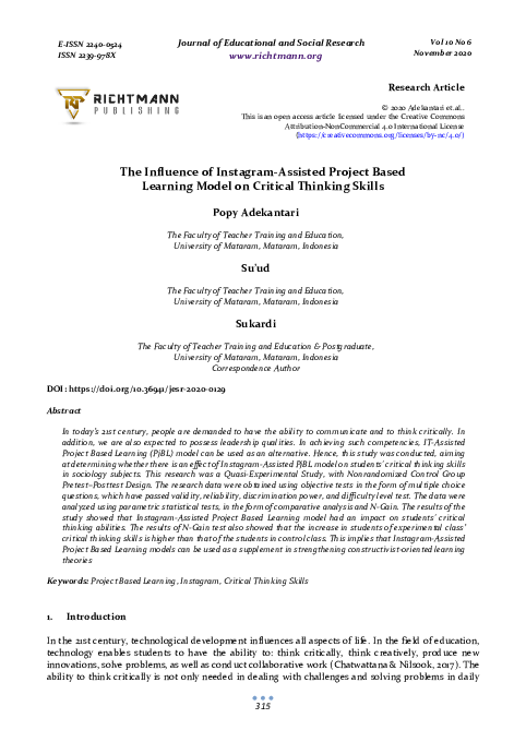 (PDF) The Influence of Instagram-Assisted Project Based Learning Model ...