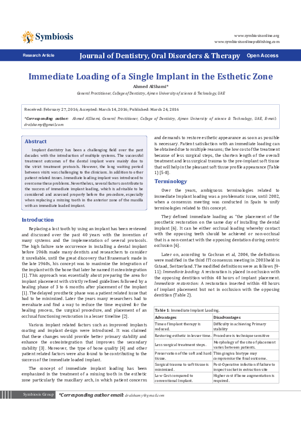 (PDF) Immediate Loading of a Single Implant in the Esthetic Zone | Ahmed Alshami - Academia.edu