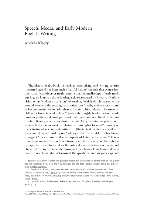 (PDF) Speech, media, and early modern English writing