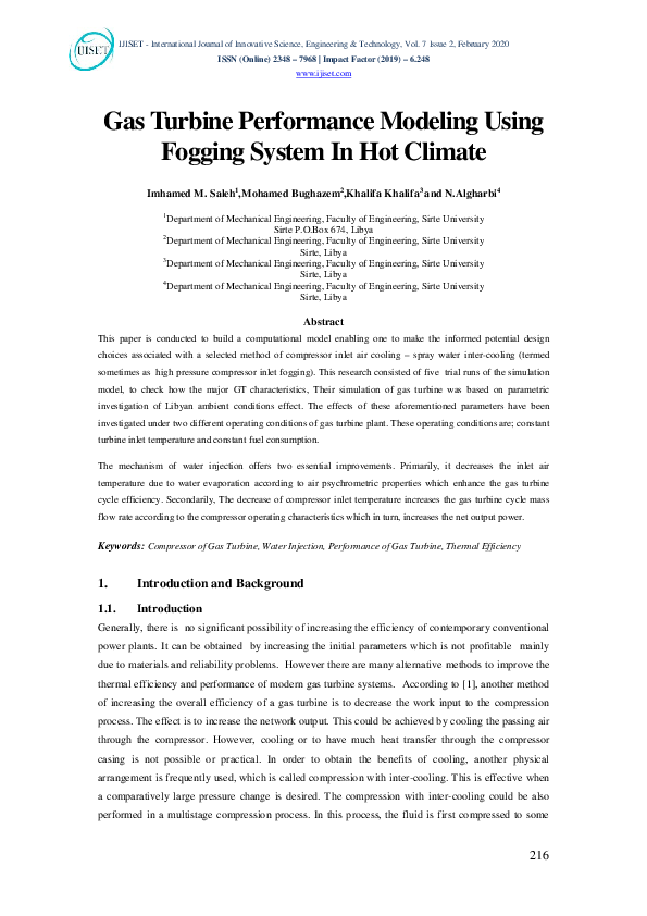 (PDF) Gas Turbine Performance Modeling Using Fogging System In Hot Climate
