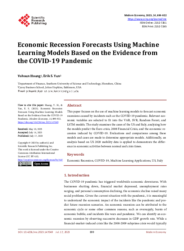 (PDF) Economic Recession Forecasts Using Machine Learning Models Based on the Evidence from the ...