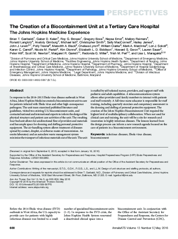 (PDF) The Creation of a Biocontainment Unit at a Tertiary Care Hospital ...