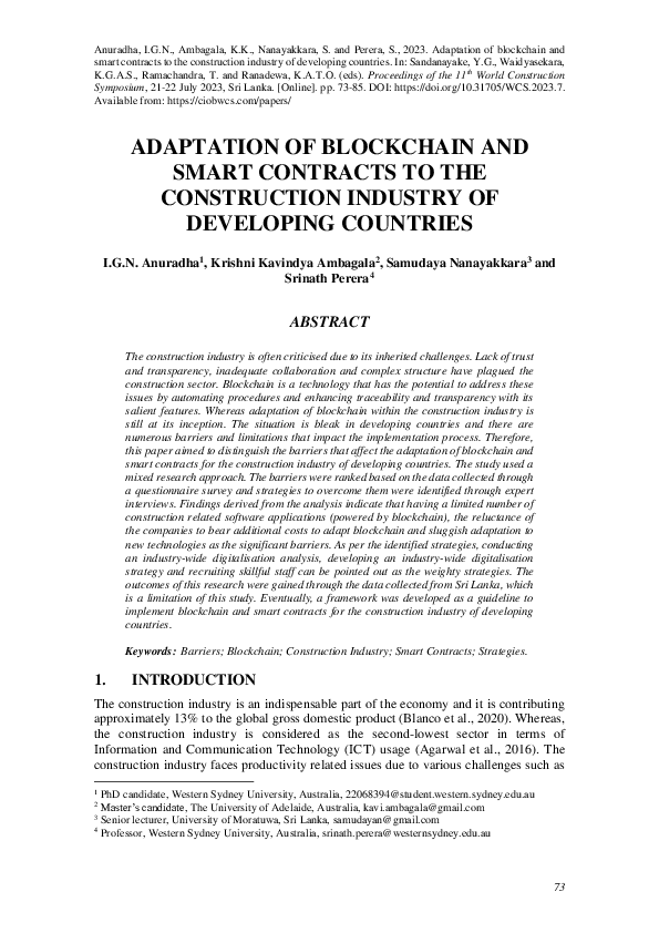 (PDF) Adaptation of blockchain and smart contracts to the construction industry of developing ...