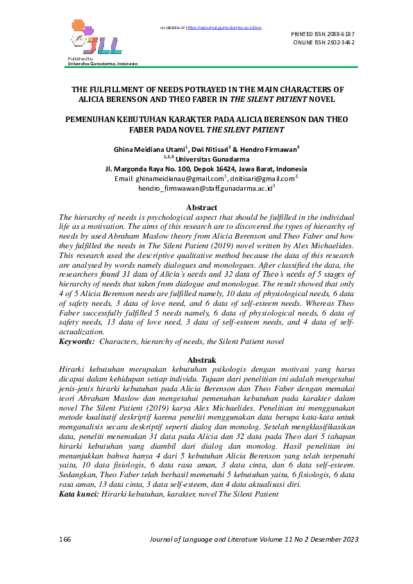 (PDF) The Fulfillment of Needs Potrayed in the Main Characters of ...