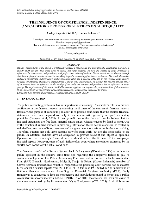 (PDF) The Influence of Competence, Independence, and Auditor’s ...