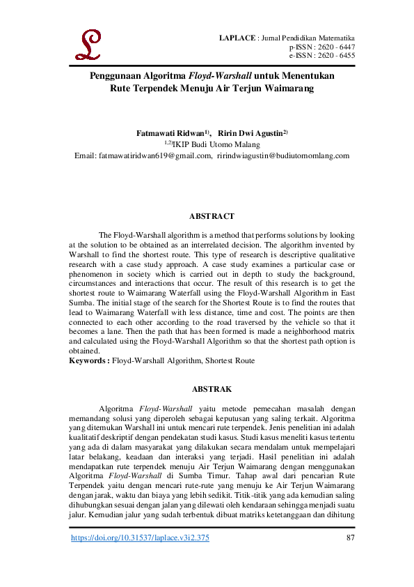 (PDF) Penggunaan Algoritma Floyd-Warshall untuk Menentukan Rute Terpendek Menuju Air Terjun ...