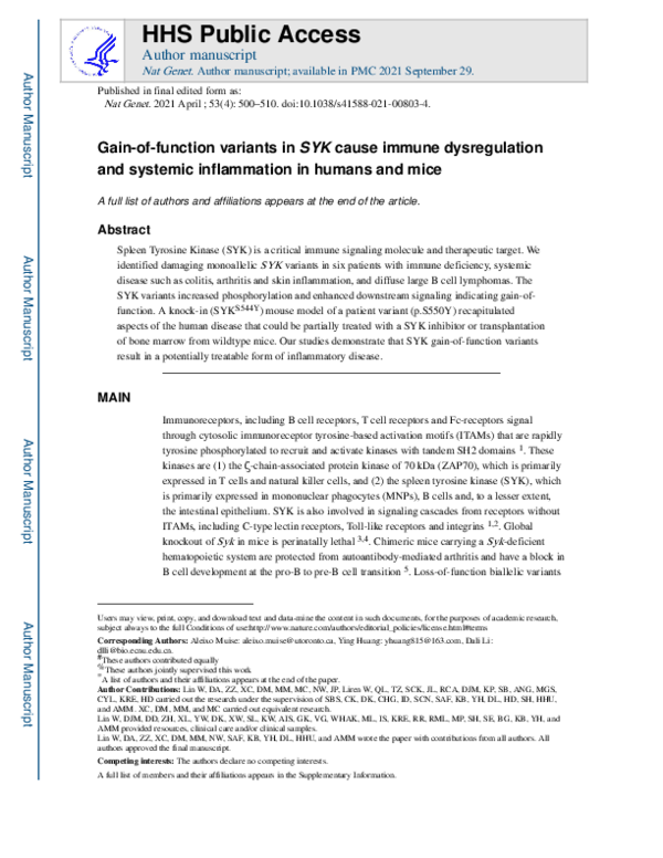 (PDF) Gain-of-function variants in SYK cause immune dysregulation and ...