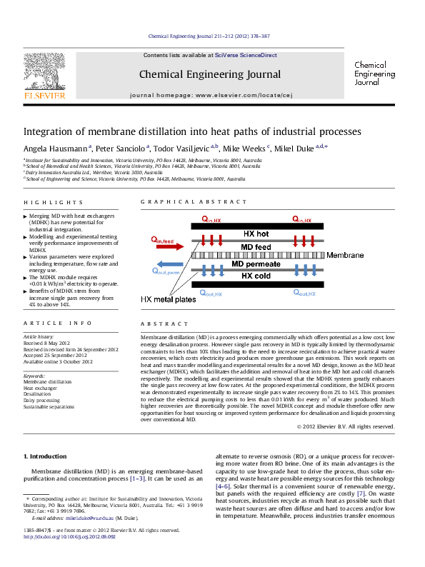 (PDF) Integration of membrane distillation into heat paths of ...