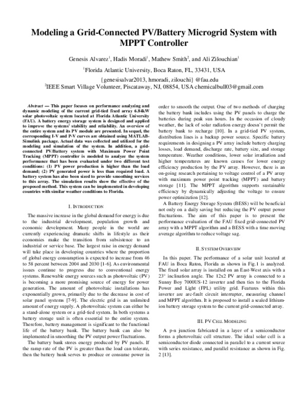 Pdf Modeling A Grid Connected Pv Battery Microgrid System With Mppt