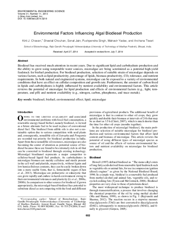(PDF) Environmental Factors Influencing Algal Biodiesel Production