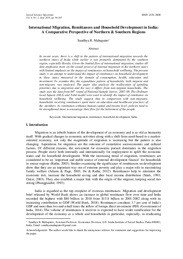 (PDF) International Migration, Remittances and Household Development in India: A Comparative ...