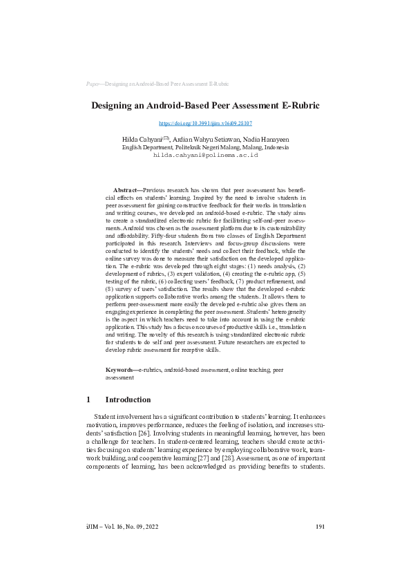 (PDF) Designing an Android-Based Peer Assessment E-Rubric