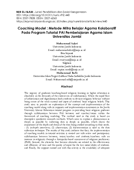 (PDF) Coaching Model : Metode Mitra Belajar Agama Kolaboratif pada Program Tutorial PAI ...