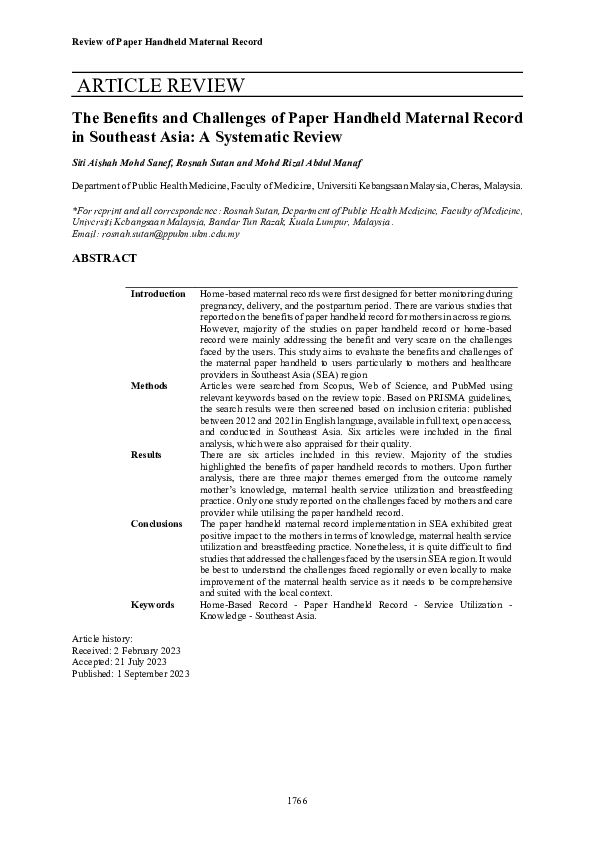 (PDF) The Benefits and Challenges of Paper Handheld Maternal Record in ...